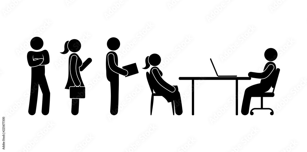 Vetor de job interview, stick figure man, pictogram people, office ...
