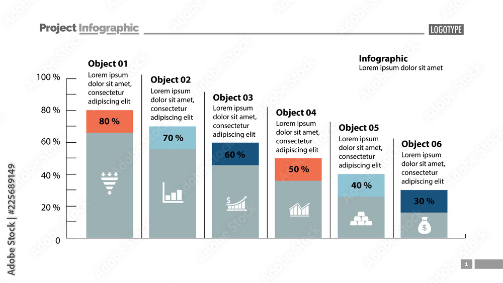 Six columns bar chart slide template. Business data. Percentage ...
