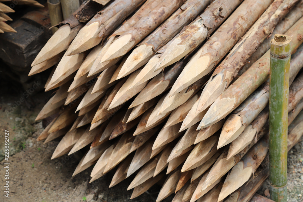 Closeup of a pile of sharp wooden poles for construction work. Stock ...