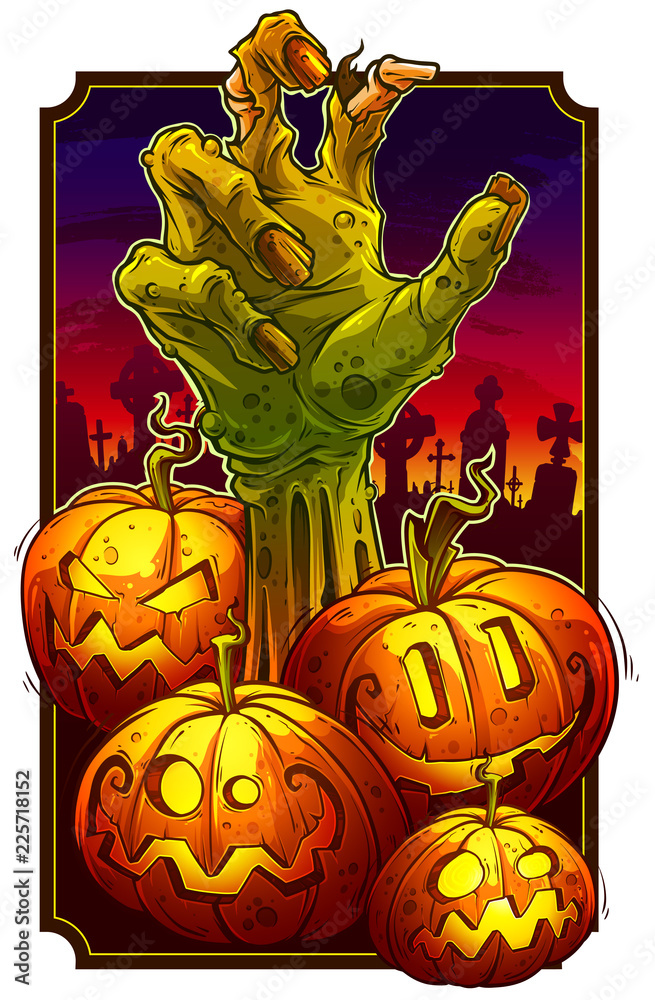 Cartoon zombie hand and halloween pumpkins Stock Vector | Adobe Stock