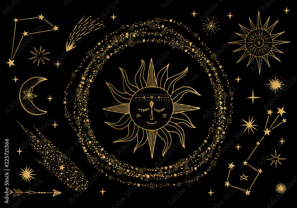 Vector sun, moon, comet, zodiac sign. Golden sky illustration. Tattoo ...