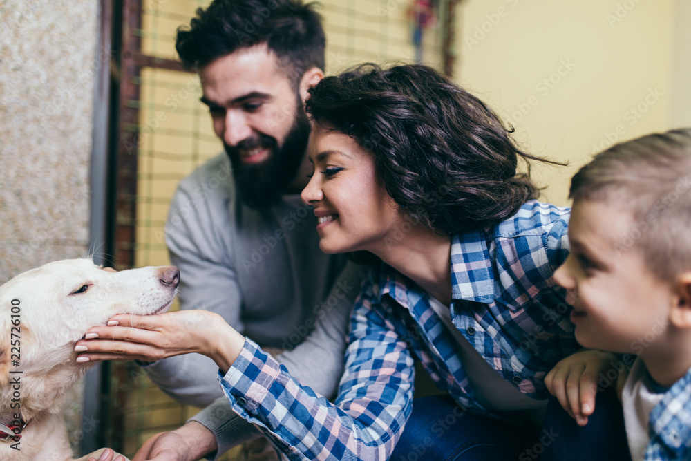 Happy family at animal shelter choosing a dog for adoption. Stock Photo ...