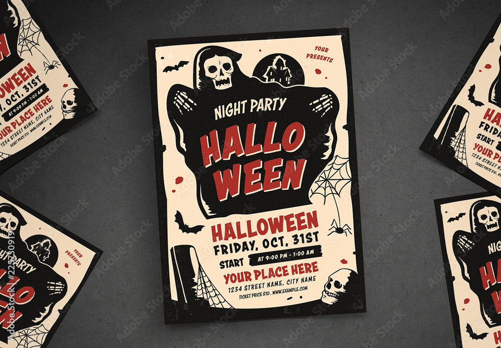 Halloween Party Flyer Layout with Grim Reaper Illustration Stock ...