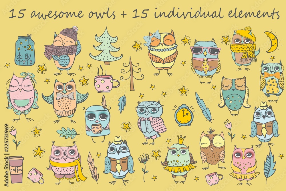 Cute hipster and tribal owls set and other vector individual design ...