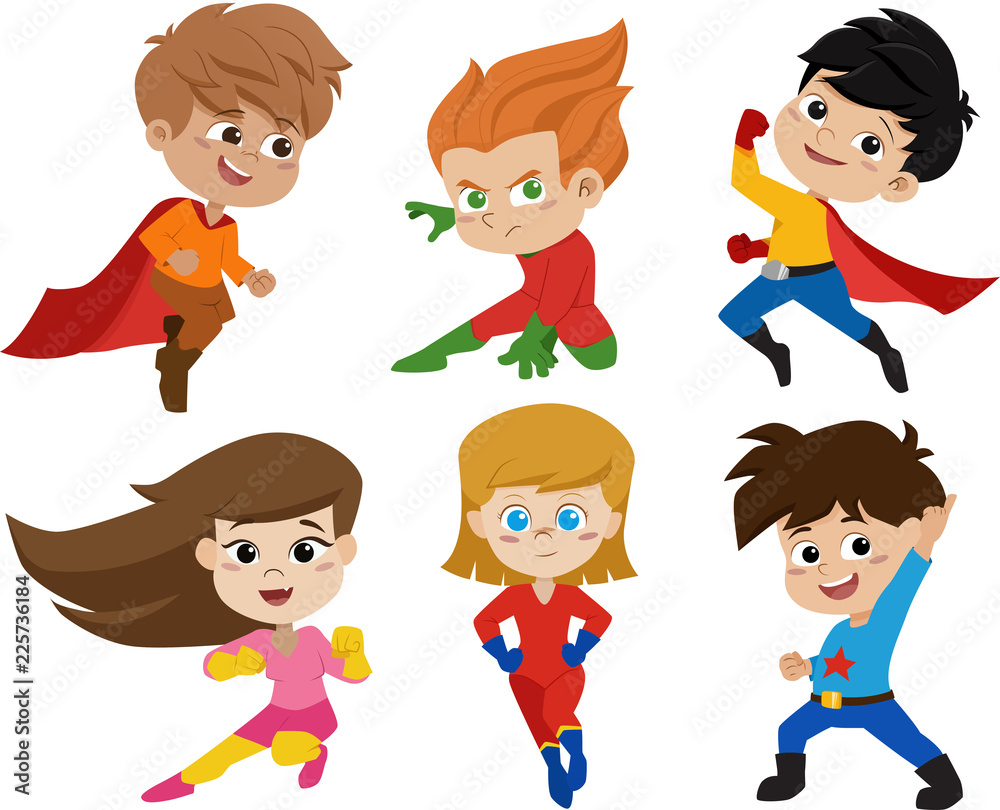 Set of kids wearing superhero costumes with different pose. Stock ...