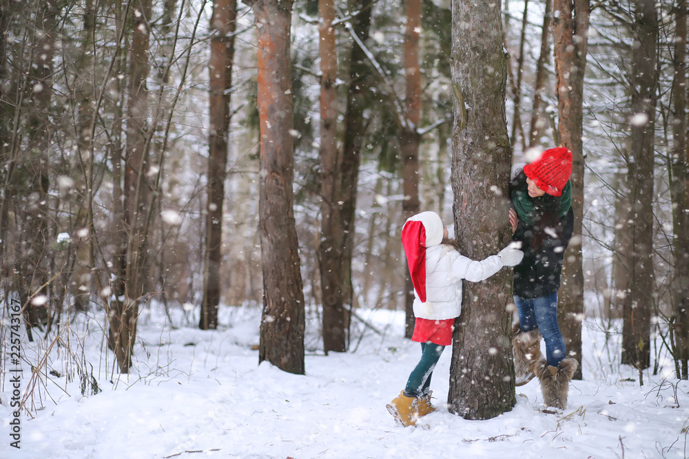 Fototapeta: A winter fairy tale, a young mother and her daughter ride a ...