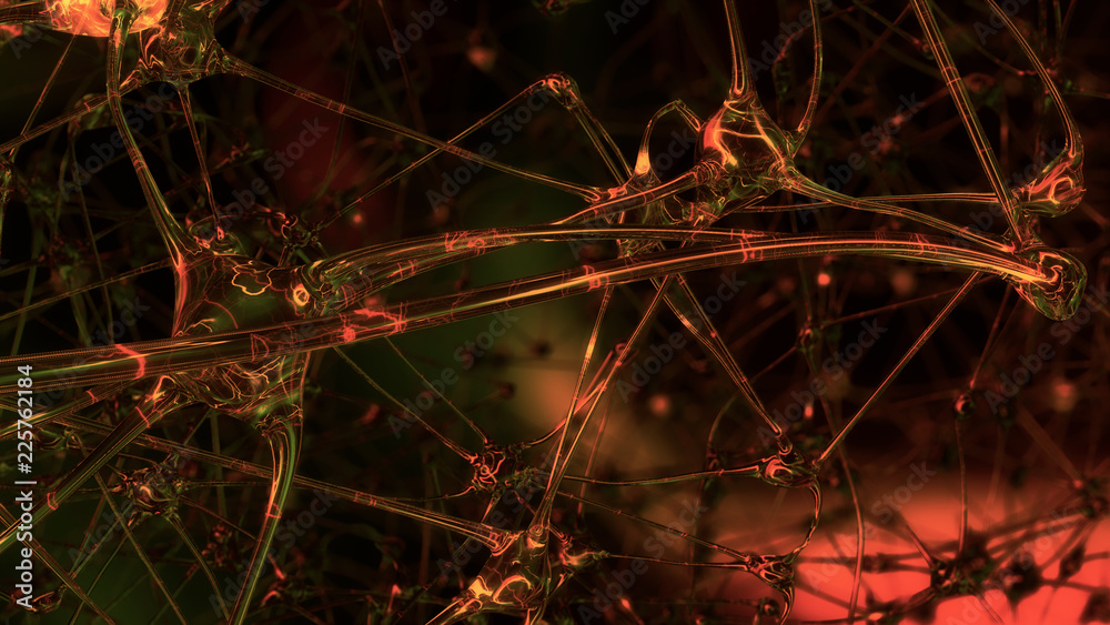 3D rendering of artificial intelligence. Networks of artificial nerve cells and synapses in the ...