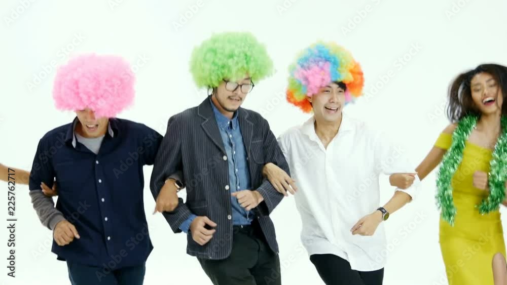 Group of asian people having fun dancing like crazy at white background ...