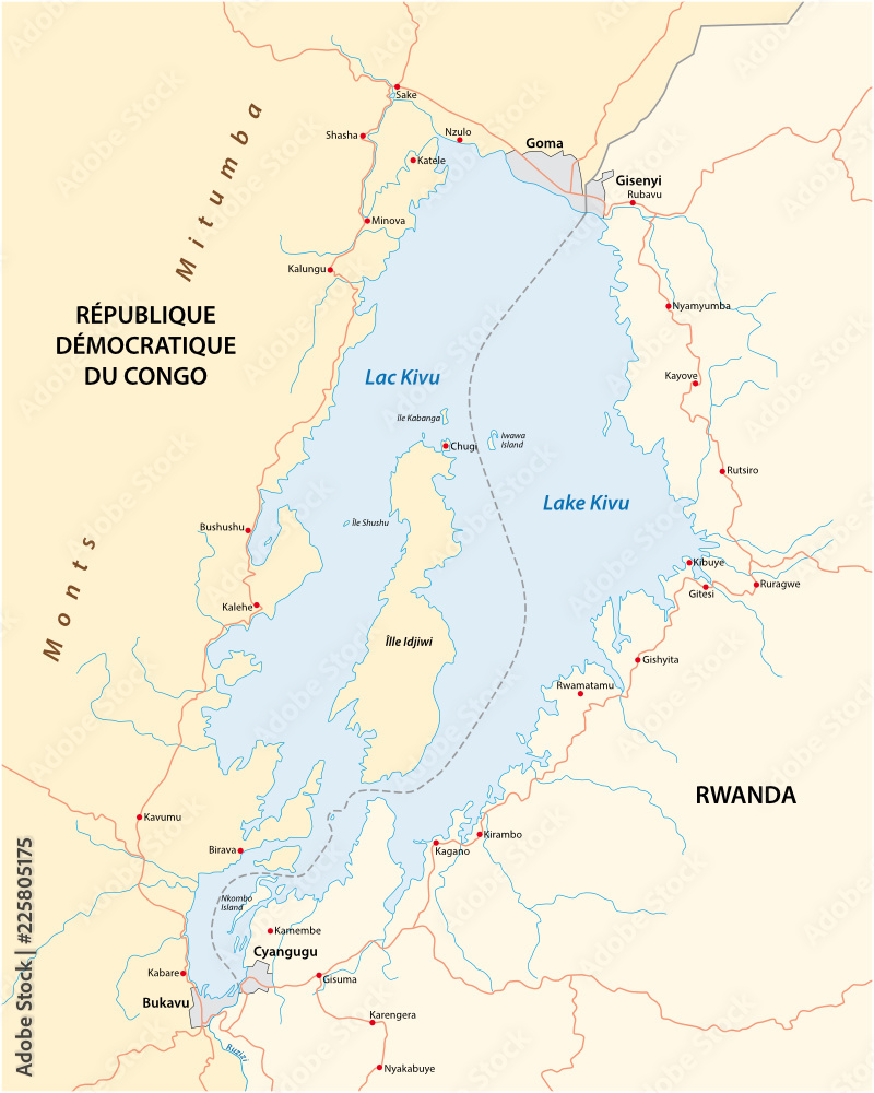 Vector map of West African Kivu Lake, DR. Congo, Rwanda Stock Vector ...