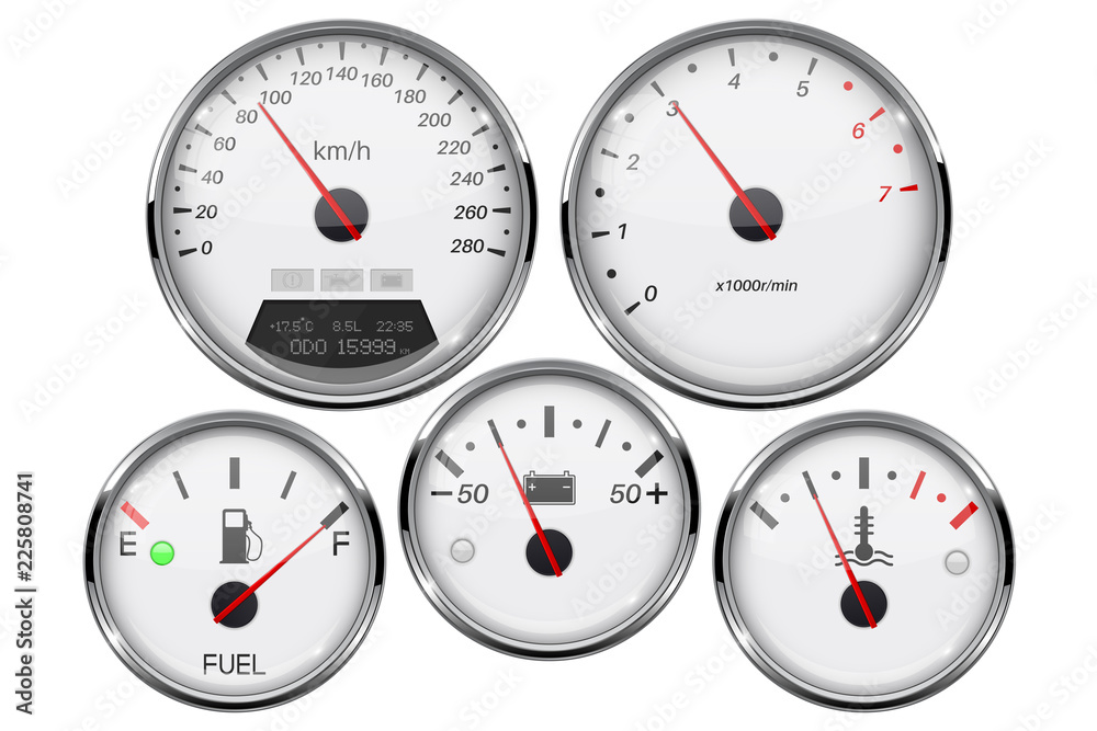 Car dashboard 3d gauges. Speedometer, tachometer, fuel gauge ...