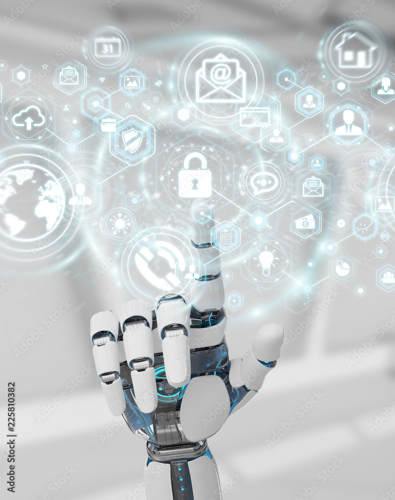White robot hand using cyber security data interface 3D rendering Stock ...