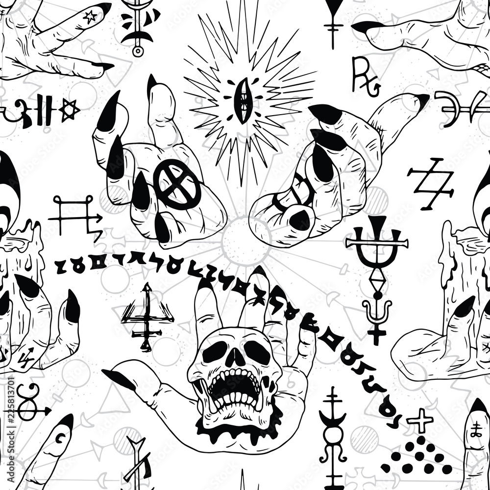 Seamless pattern with magician hands and fingers and mystic magic ...