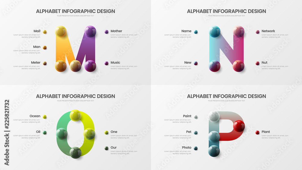 Vector alphabet infographic 3D realistic colorful balls presentation ...