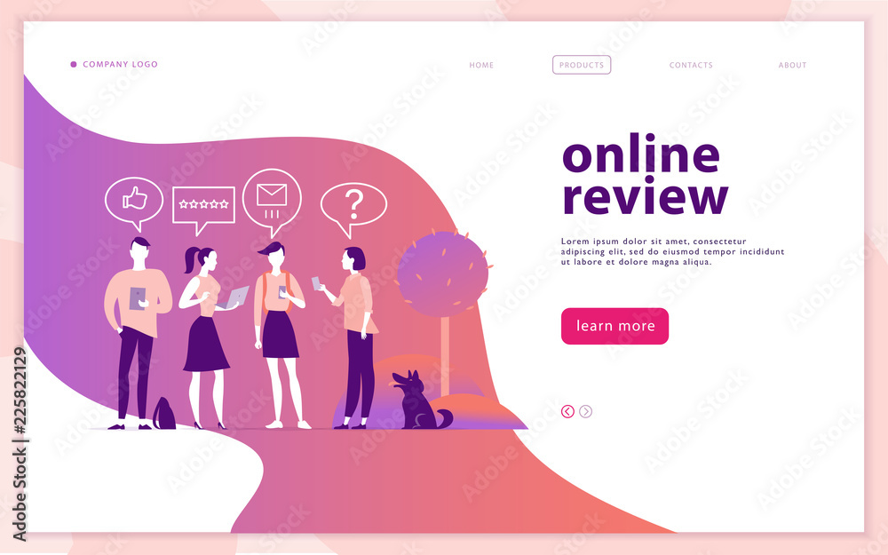 Vector web page concept design with online review theme. People with ...