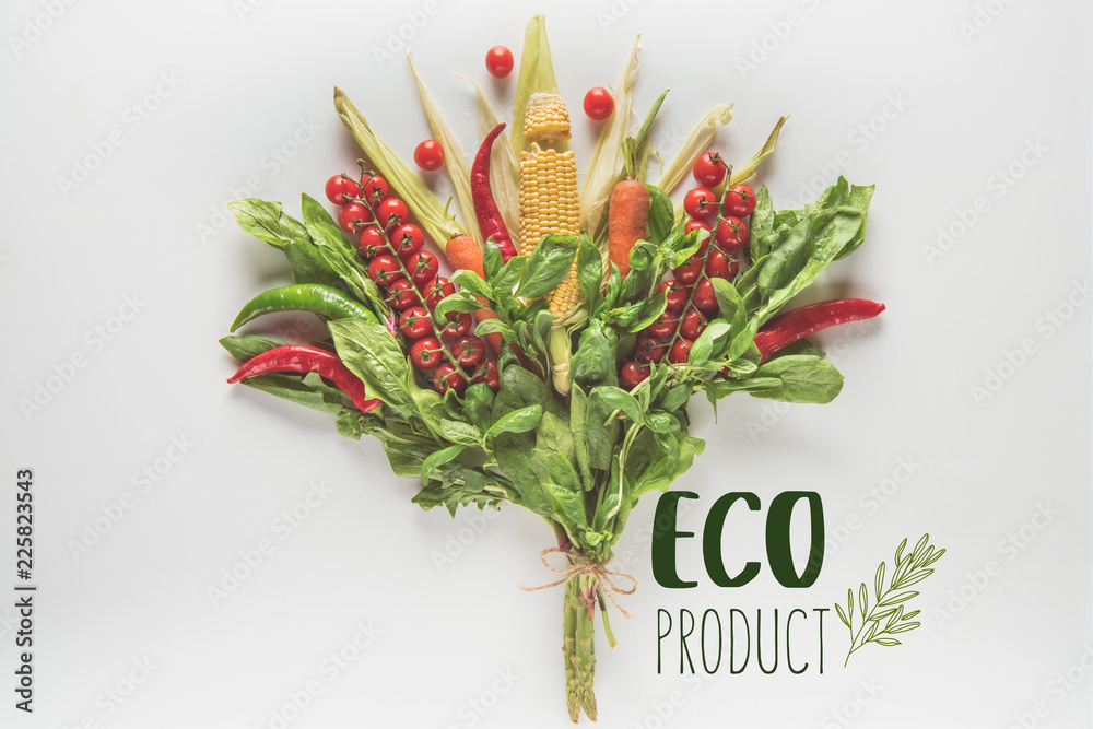 bouquet of corn cob, spinach, basil, cherry tomatoes and chili peppers ...