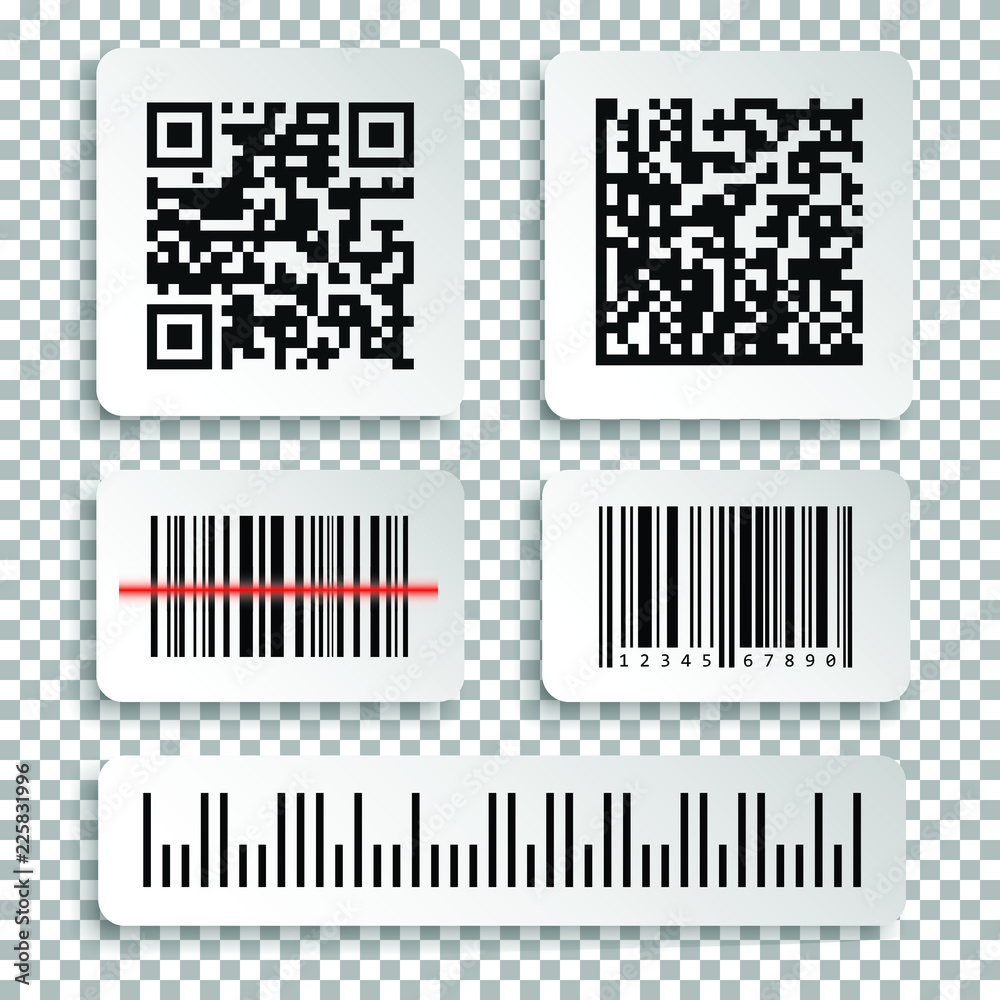 Set of realistic barcode and qr code black icon. Barcode label set ...