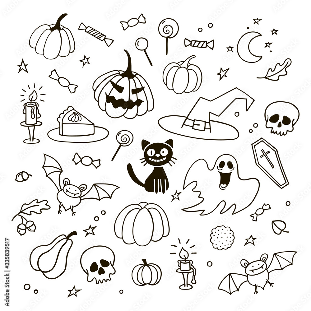 Set of Halloween doodles. Black and white vector illustration. Stock ...