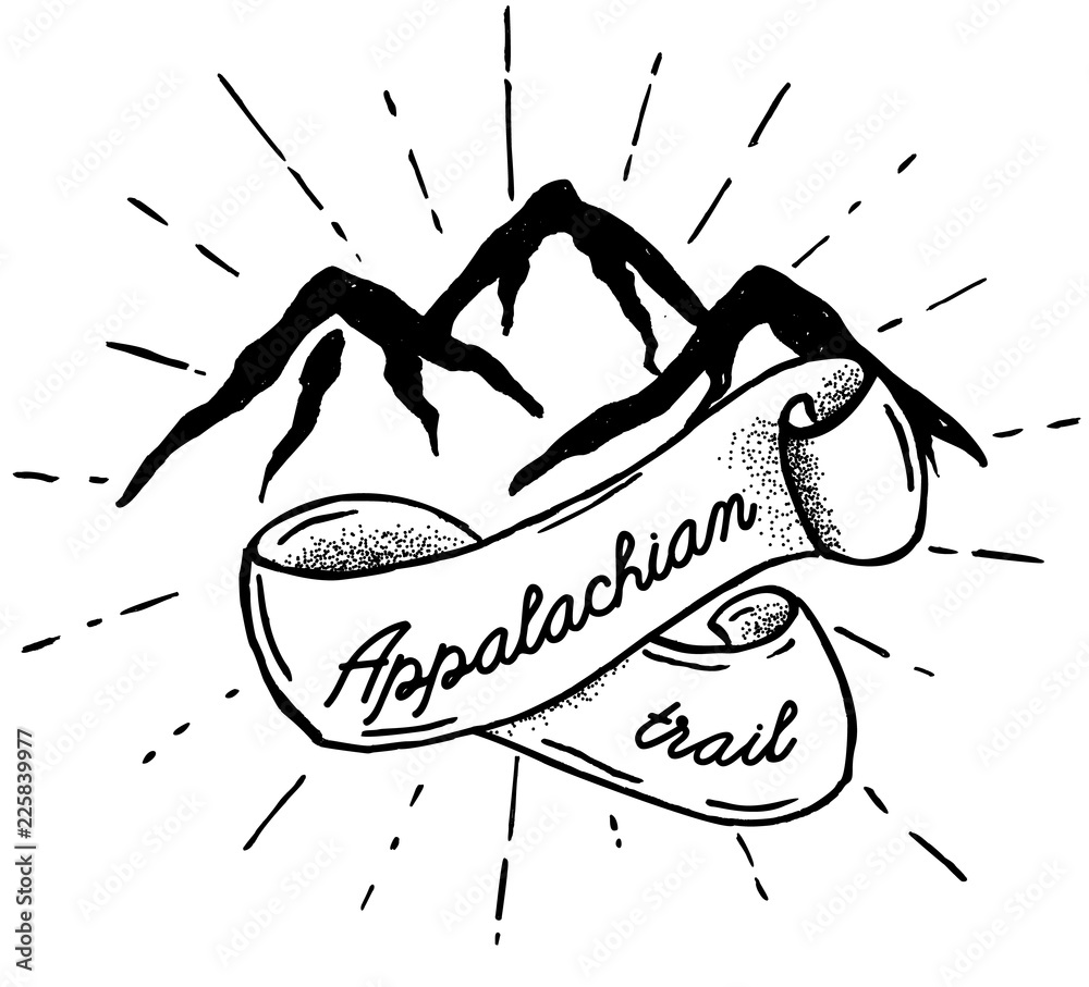 Hand drawn mountains silhouette icon with Appalachian trail. Isolated ...
