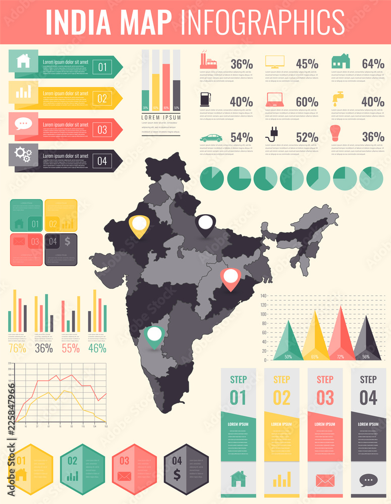 India map with Infographic elements. Infographics layouts. Vector Stock ...