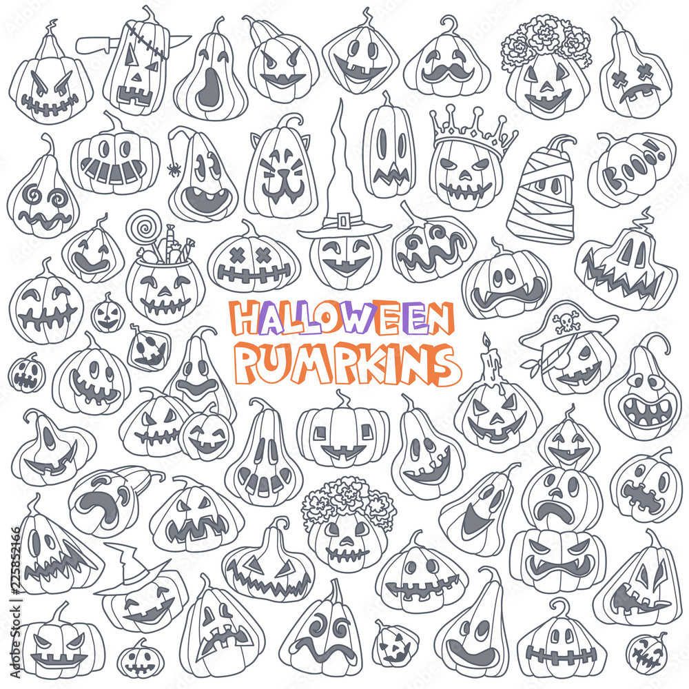 Jack-o'-lantern doodle set. Halloween carved pumpkins cartoon style ...