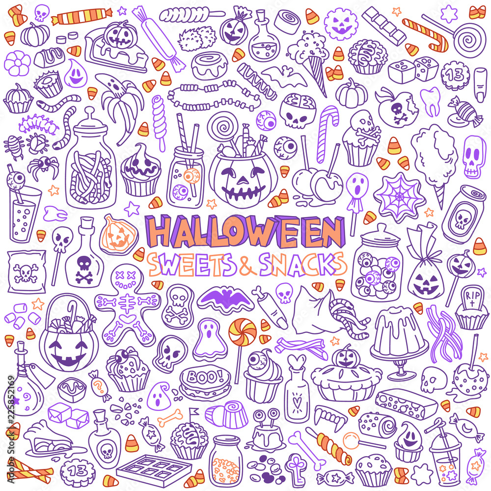 Trick or treat doodle set. Halloween candies, sweets, snacks and drinks ...