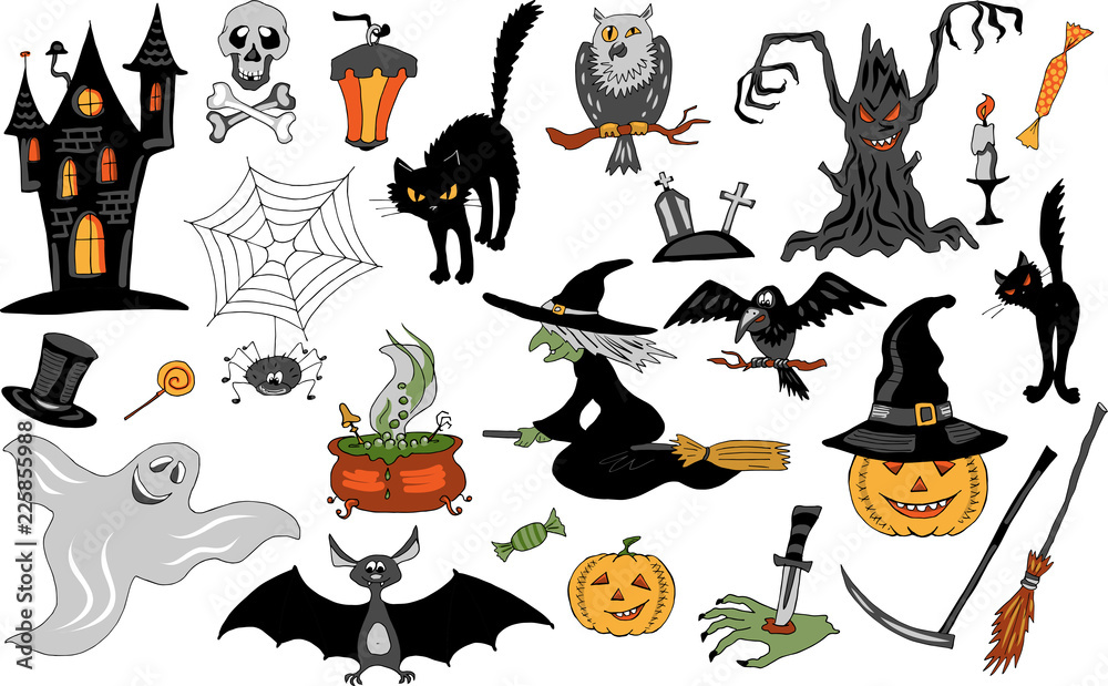Set of halloween images.Witch, cat, owl, ghost, pumpkin, skull, spider ...