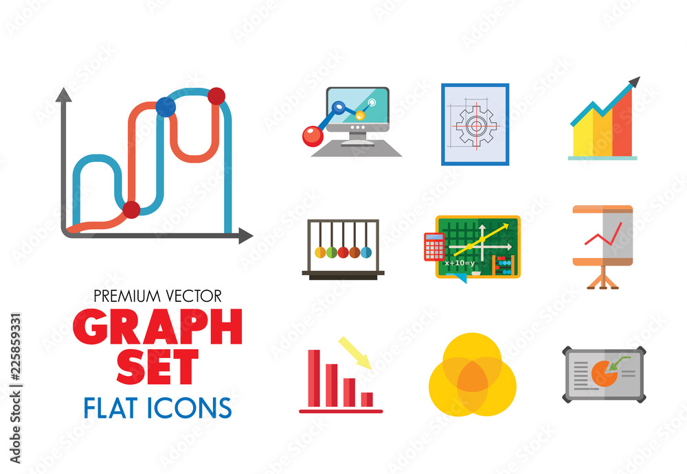 Graph Icon Set. Magnifier And Graph Growing Bar Chart Declining Bar ...
