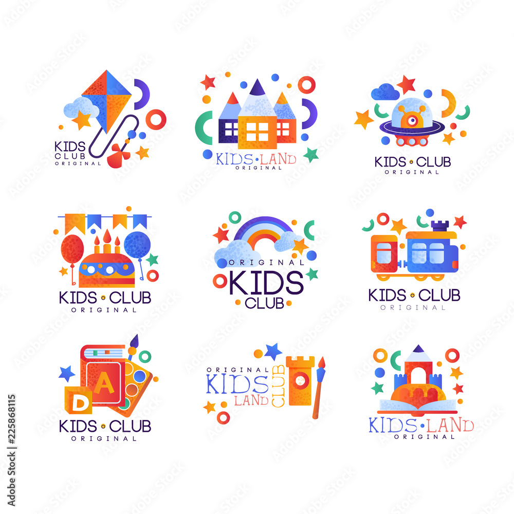Kids club logo original set, colorful creative labels templates ...