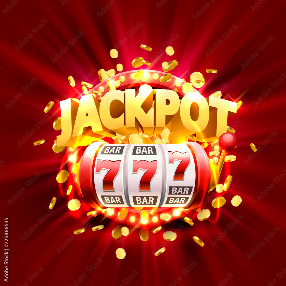 Golden slot machine wins the jackpot. Isolated on red background ...