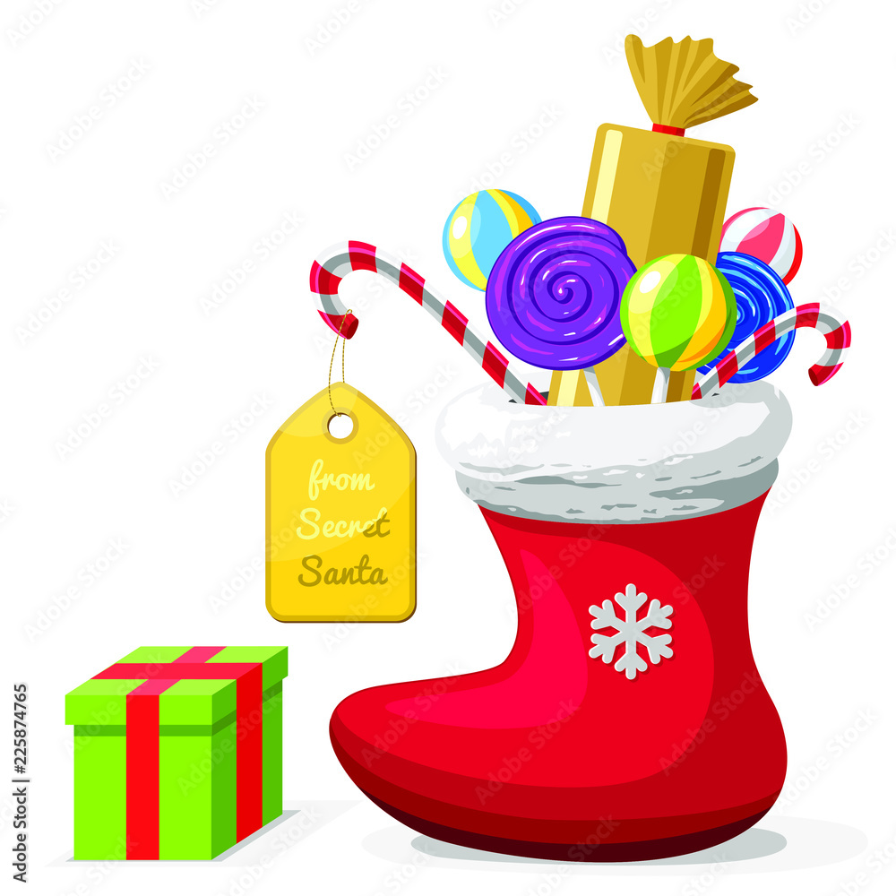 Concept of gifts from Secret Santa. Christmas red sock with gifts and ...