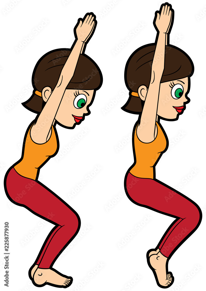 Yoga asana set chair pose/ Illustration cartoon girl doing utkatasana ...