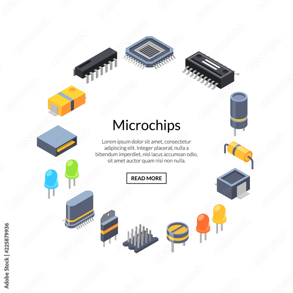 Vector isometric microchips and electronic parts icons in circle shape ...