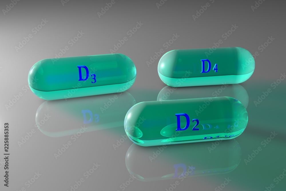 Transpared vitamin D2, D3, D4 capsules. Vitamin and mineral complex. Healthy life concept ...