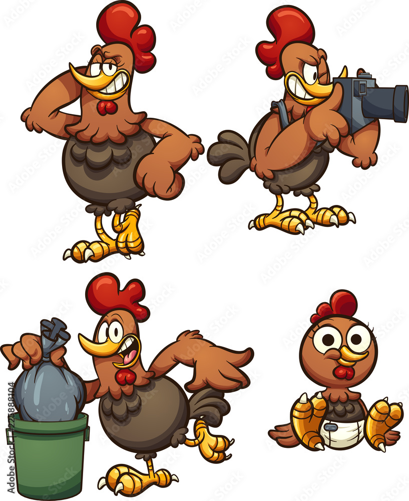Cartoon chicken in different poses. Vector clip art illustration with ...