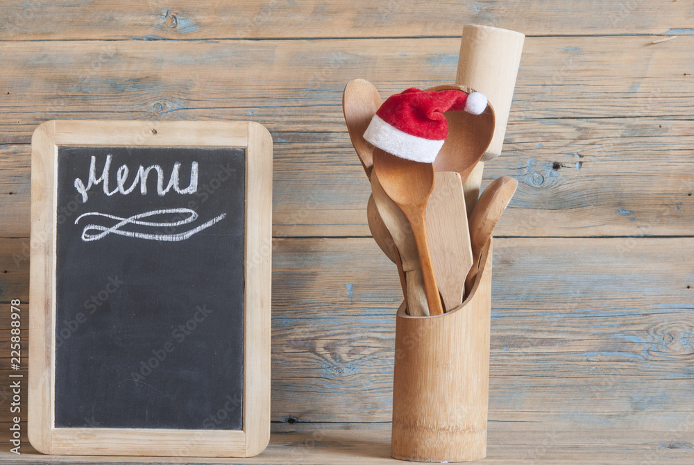 Restaurant menu. Top view of chalkboard menu laying on the rustic ...