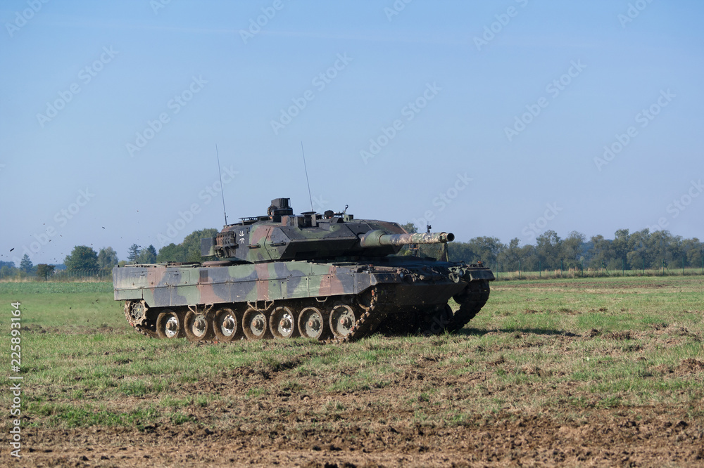 German heavy battle tank during display of military machines. Vehicle ...
