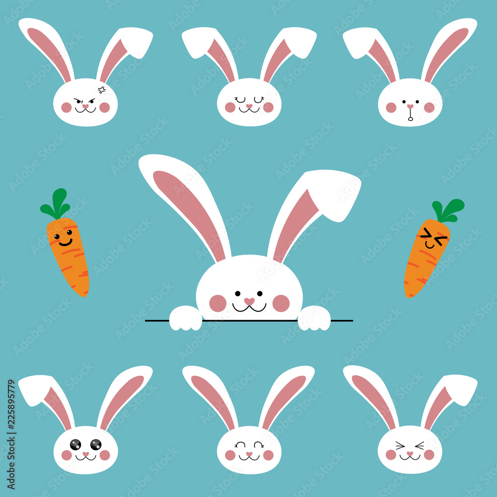 Cute cartoon bunny rabbit characters emoji set, vector illustration ...