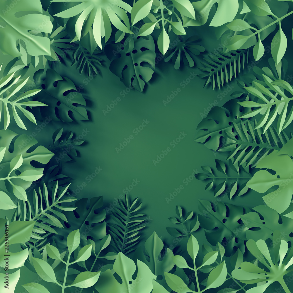 3d render, paper tropical leaves, jungle decor, monstera palm, green ...