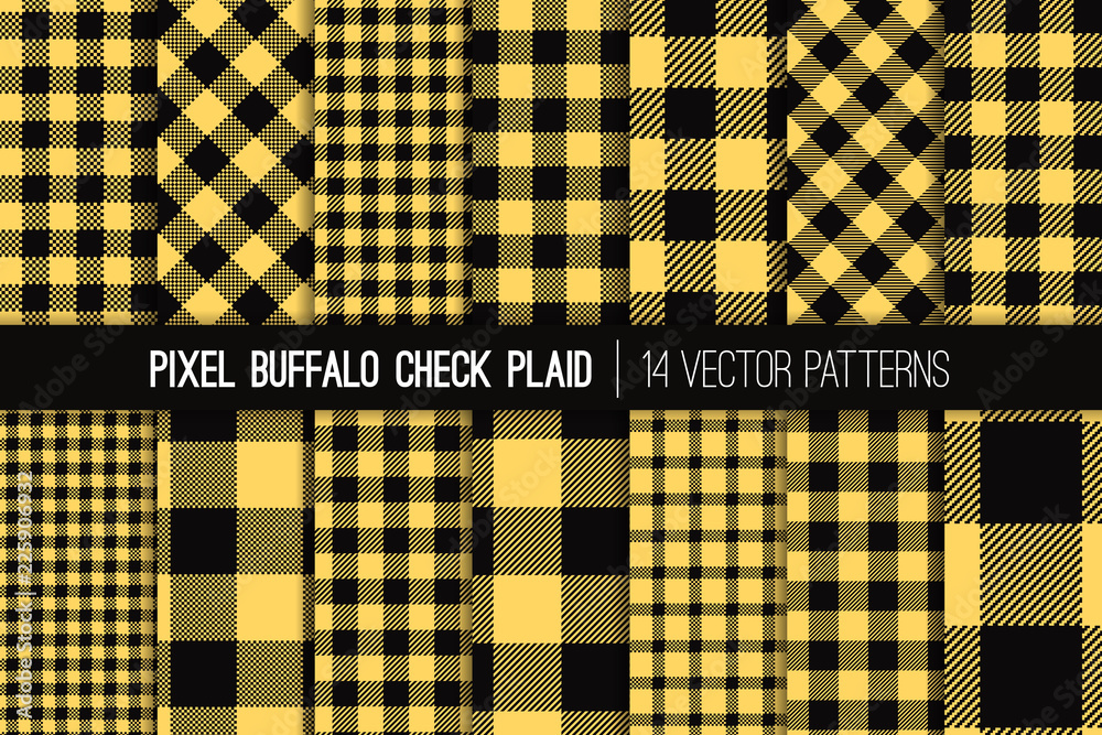 Yellow and Black Buffalo Check Plaid Vector Pixel Patterns. Flannel ...