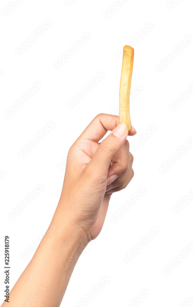 hand holding French fries potatoes isolated on white background Stock ...