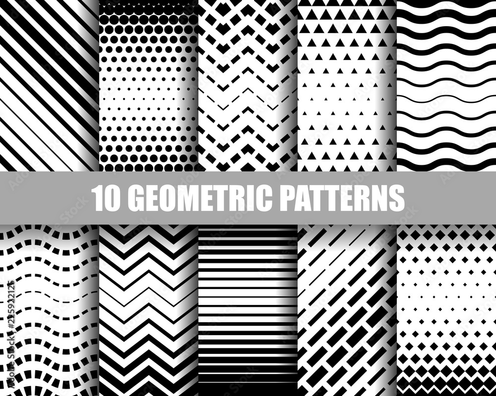 Vector set of ten geometric patterns. Collection of seamless monochrome ...