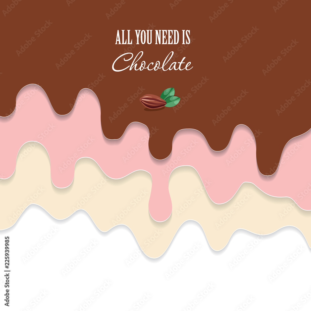 Melted flowing chocolate, strawberry, vanilla background. 3d paper cut ...