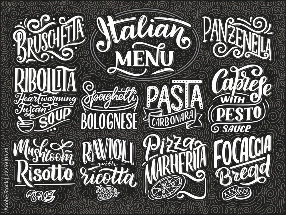 Italian food menu - names of dishes. Lettering , stylized drawing ...