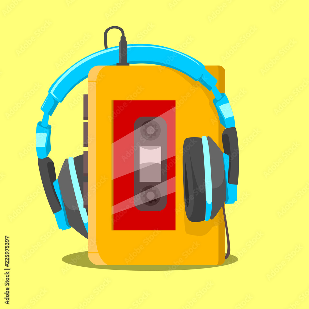 walkman portable music player with headphone flat style in yellow ...