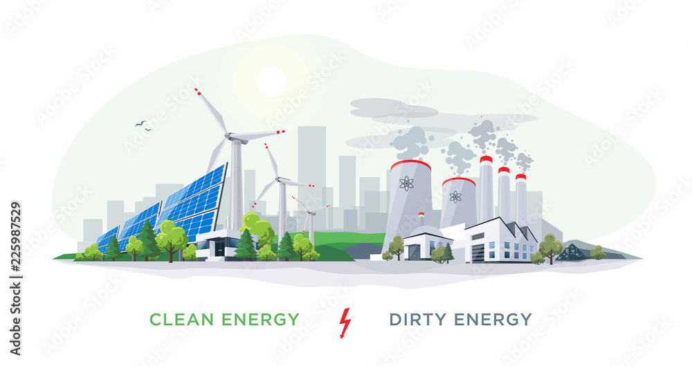 Vector illustration showing clean and dirty electricity generation ...