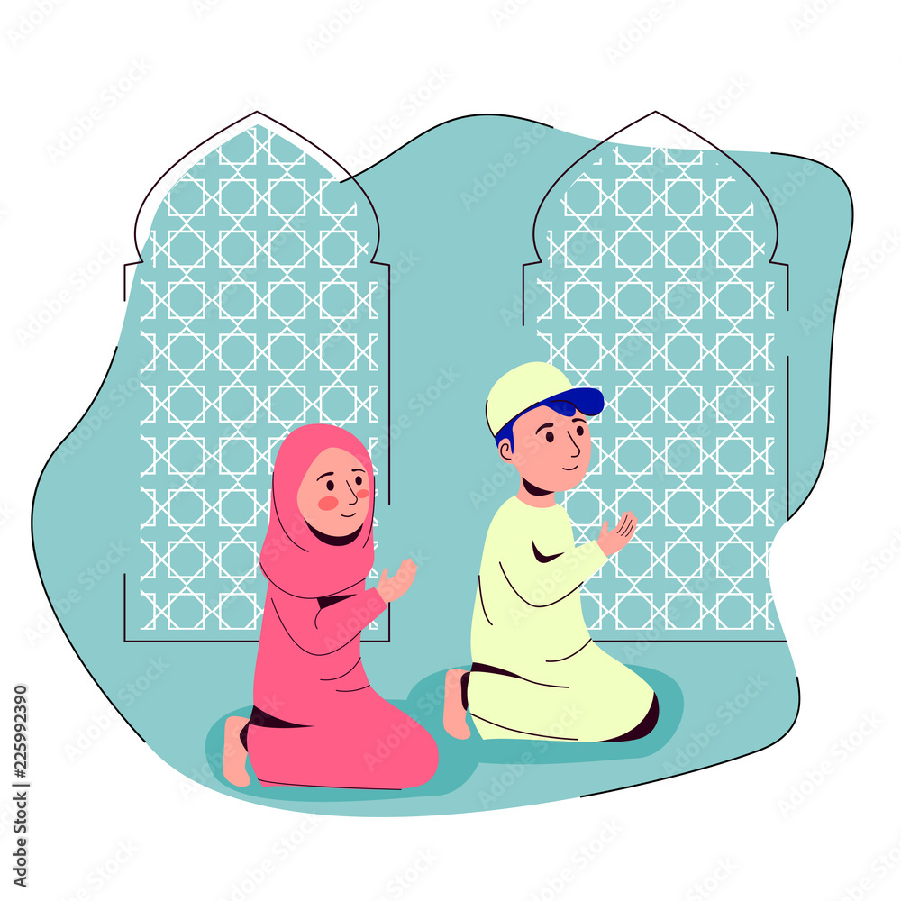 Muslim Boy And Girl Praying Together in Mosque After Shalat Vector Flat ...