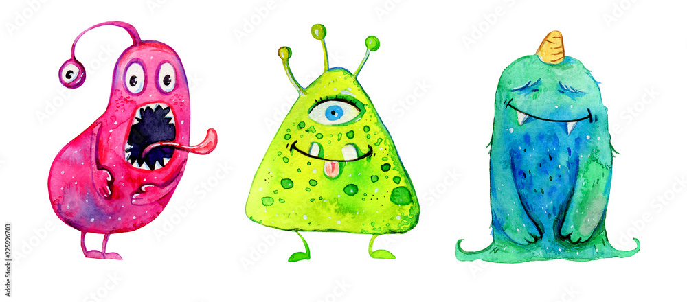Cartoon little monsters. Hand drawn watercolor illustration set Stock ...
