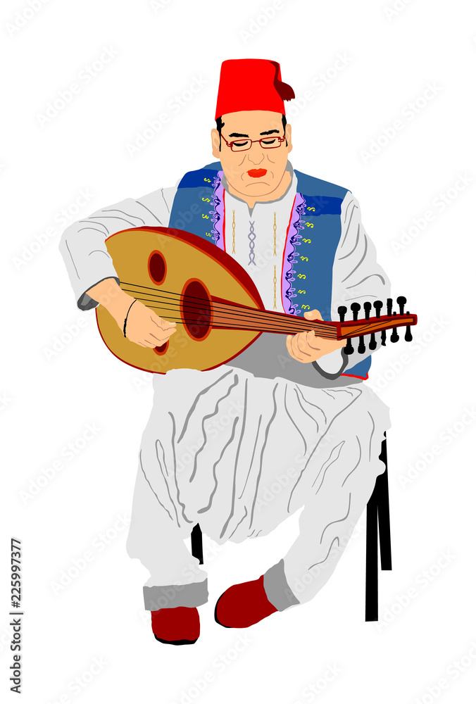 Arab man play oud, lute or mandola vector illustration, traditional ...
