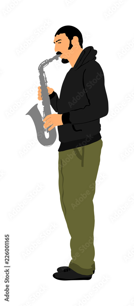 Saxophone player vector illustration. Music man play wind instrument ...