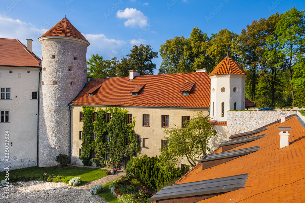Pieskowa Skala, Poland - Inner courtyard and gothic tower of historic ...